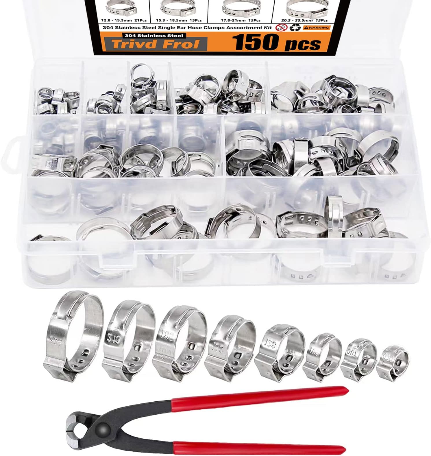 Single Ear Hose Clamps - 115 pcs, 10 Sizes, 304 Stainless Steel ...