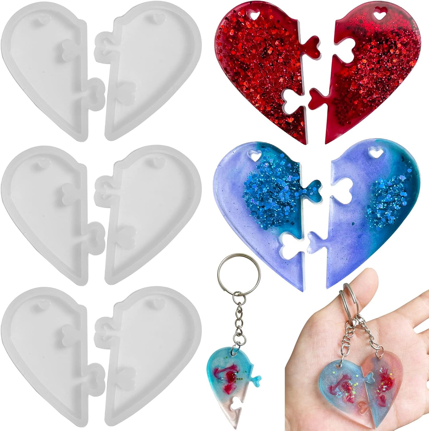 Amazon.com: Szecl 3Pcs Heart Puzzle Keychain Silicone Mold Couples ...
