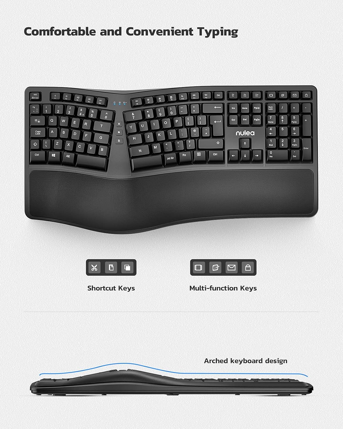 Wireless Ergonomic Keyboard with Pillowed Wrist Rest, Arched Split ...