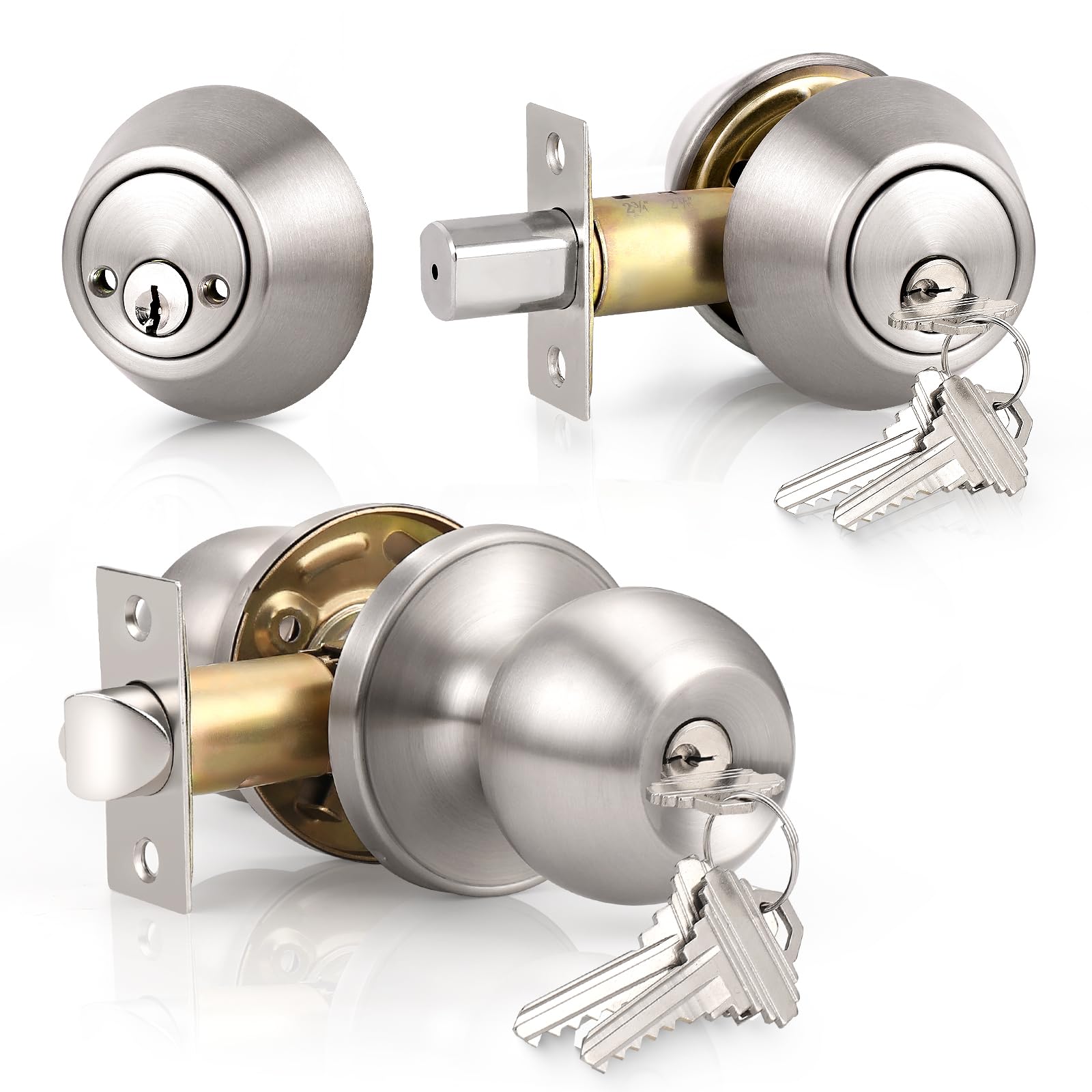 DECORITEN Keyed Entry Door Knob with Double Cylinder Deadbolt, Brushed ...