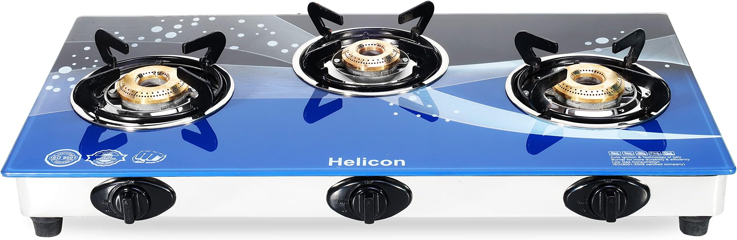 Helicon Premium Blue & Black Glass 3 Burner Automatic Gas Stove ...