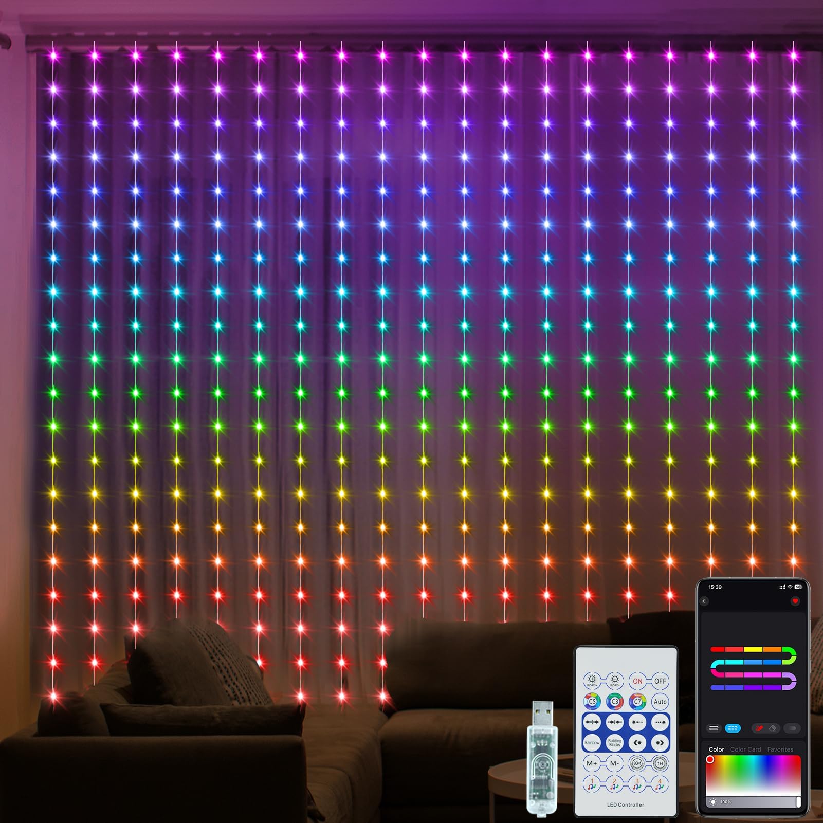 Geeni Smart Cascading Curtain Color String Lights - 6.6ft. x 5ft ...