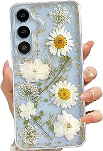 Amazon.com: LSEEKA for Samsung Galaxy S25 Clear Case with Pressed Real Dried White Flower Design ...