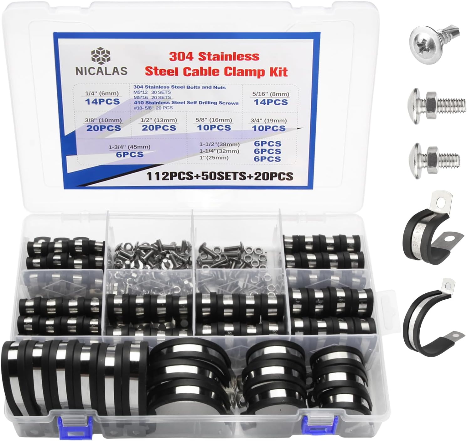 WYSIWYKA 220PCS Cable Clamps Assortment Kit 10 Sizes,304 Stainless ...
