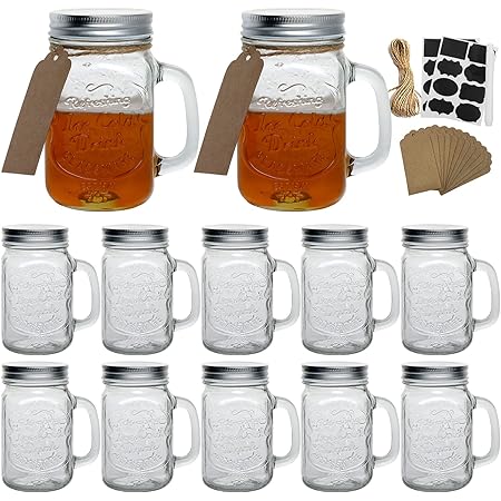 Amazon.com: TANGLONG Mason Jar Cups, Mason Jars With Handle And Lids, Mason Jar Drinking Glasses ...