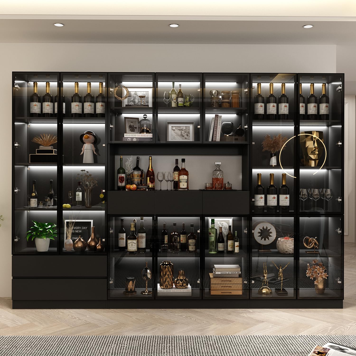 Amazon.com: Hitow Tall Bookcase Bookshelf with Glass Doors and Lights ...