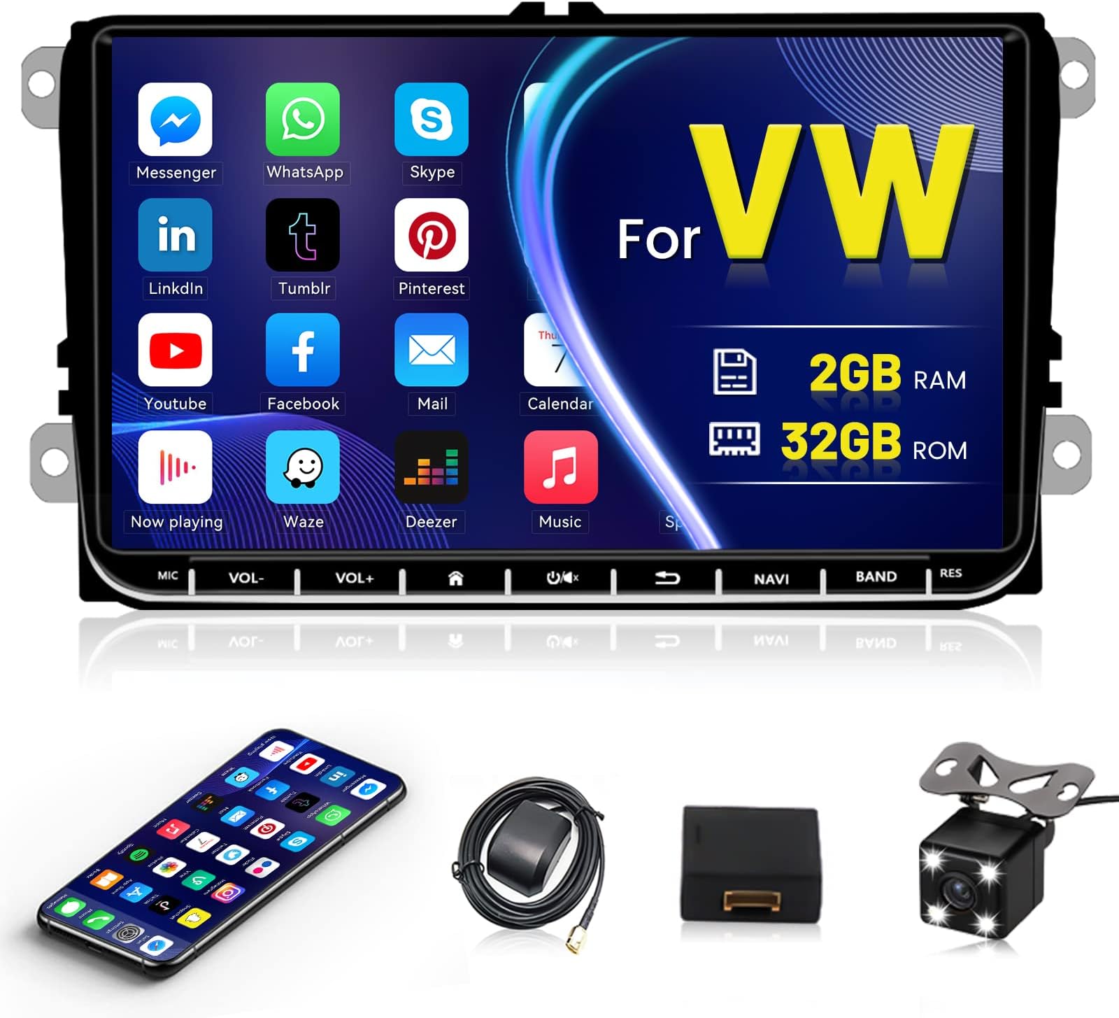 JUNHUA 7" Wireless Carplay Android Auto 2+32G GPS Autoradio Navigation Bluetooth DSP für VW Golf ...