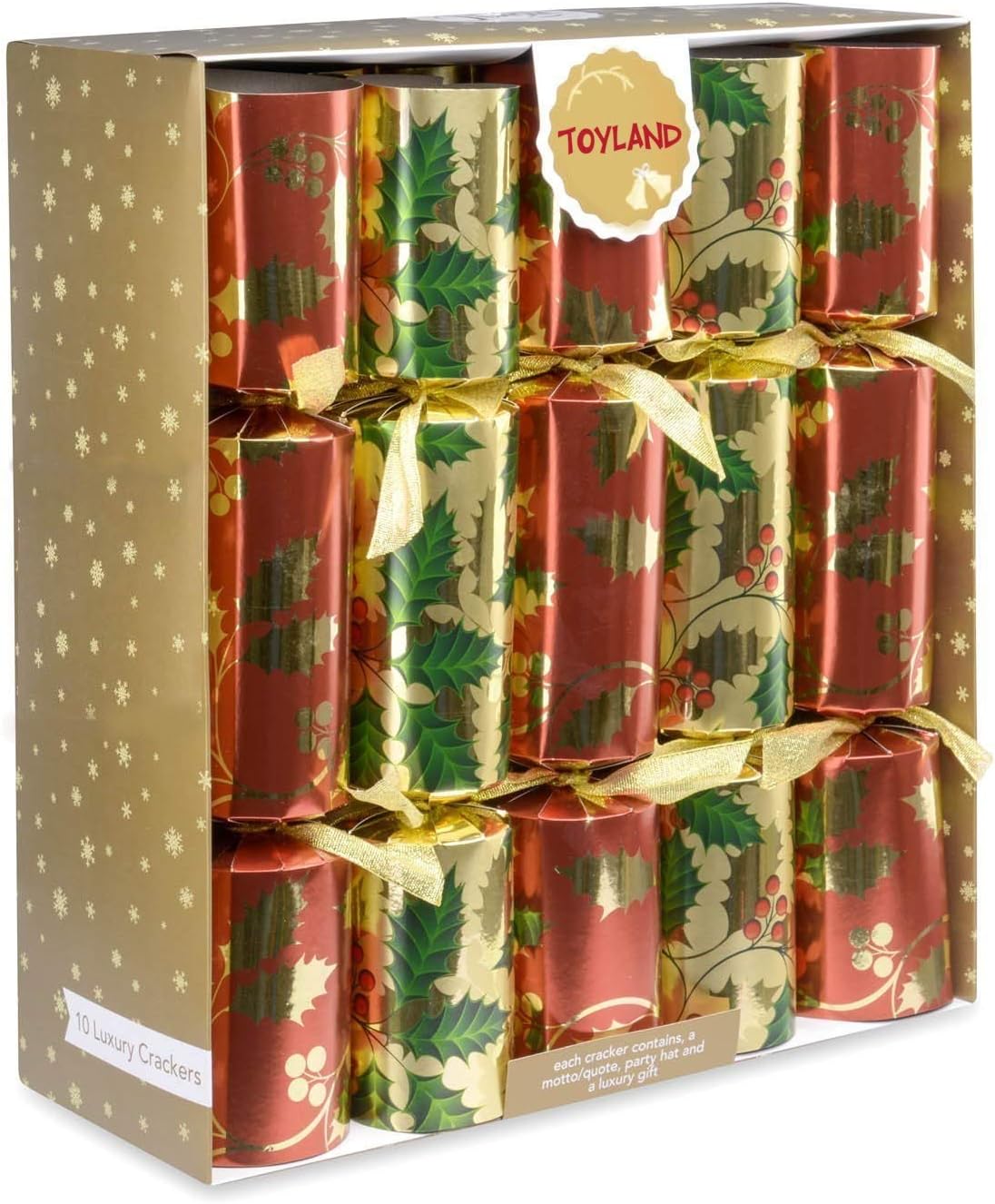 10 x Deluxe Large Christmas Crackers - Red, Green and Gold with Holly ...