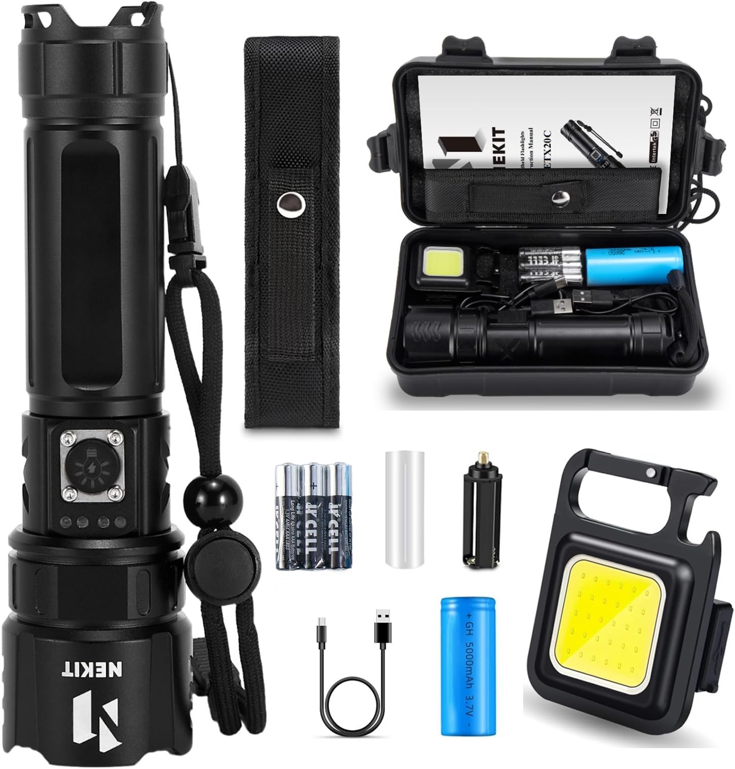 NEKIT Flashlight LED Rechargeable, 10000 lumens XHP70.2 Super Bright ...