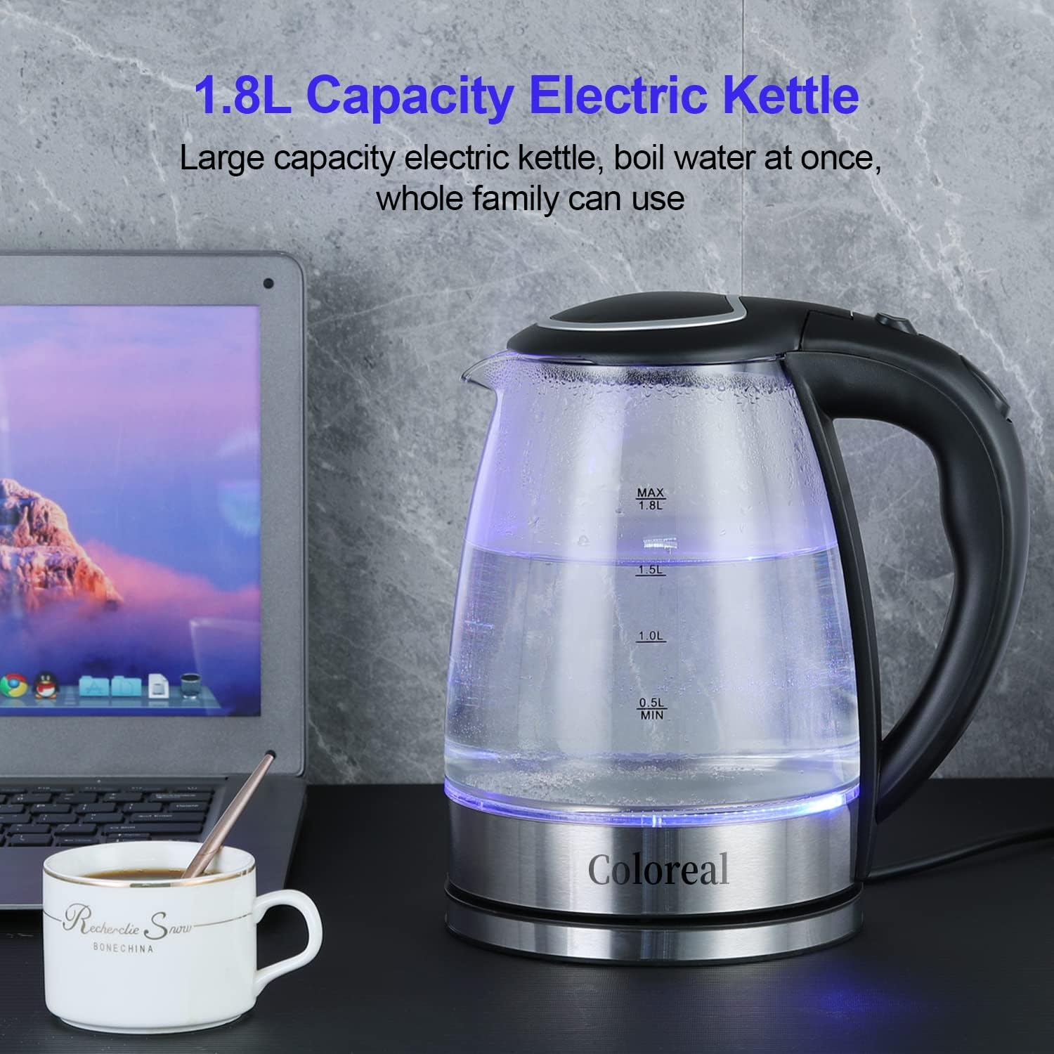 Electric Kettle, 1.8 Liter Tea Kettle With Blue LED Light, 1500W ...