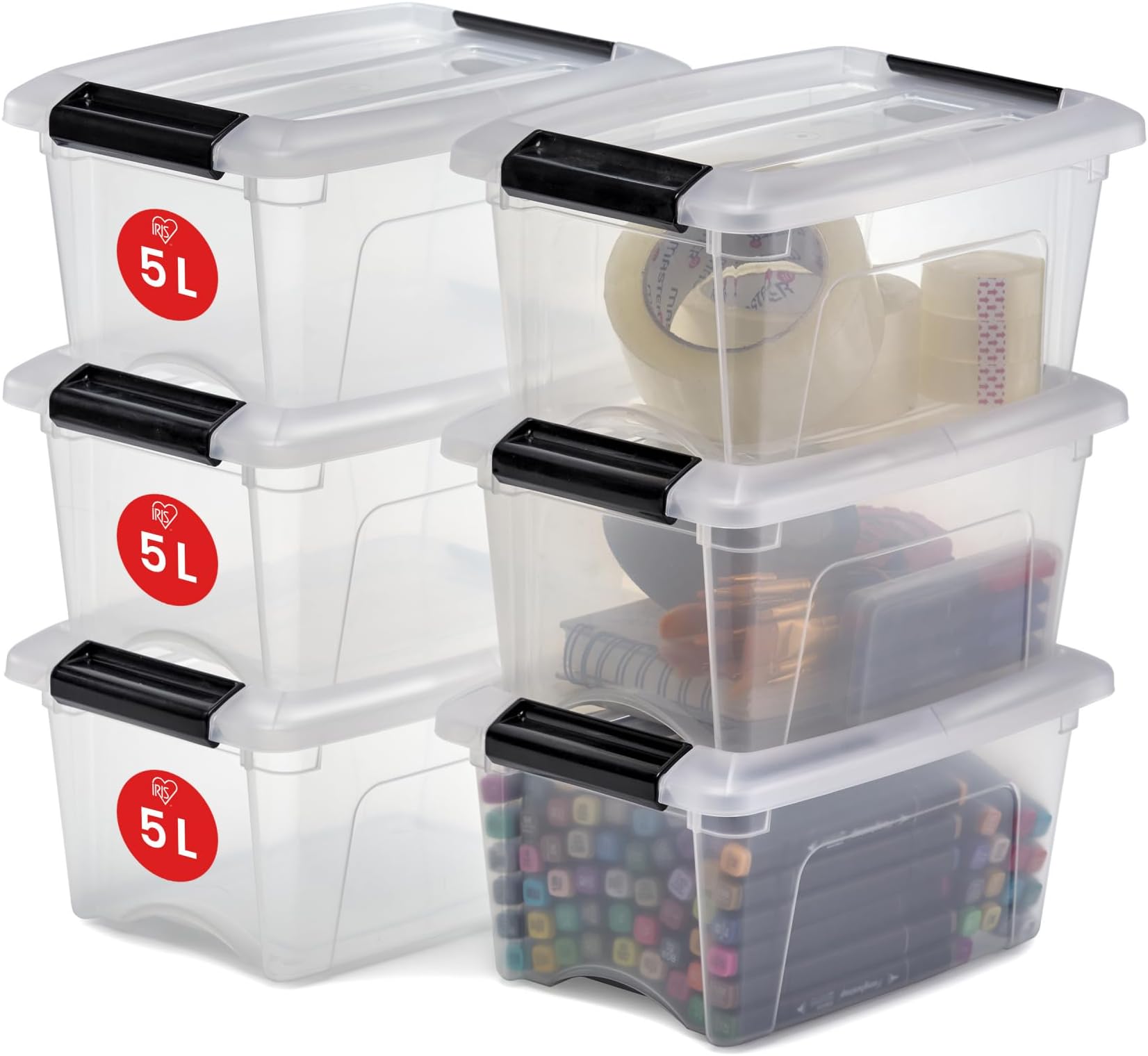 Iris Ohyama Storage Boxes with Lids, 5L, Set of 6, Clear, Secure ...