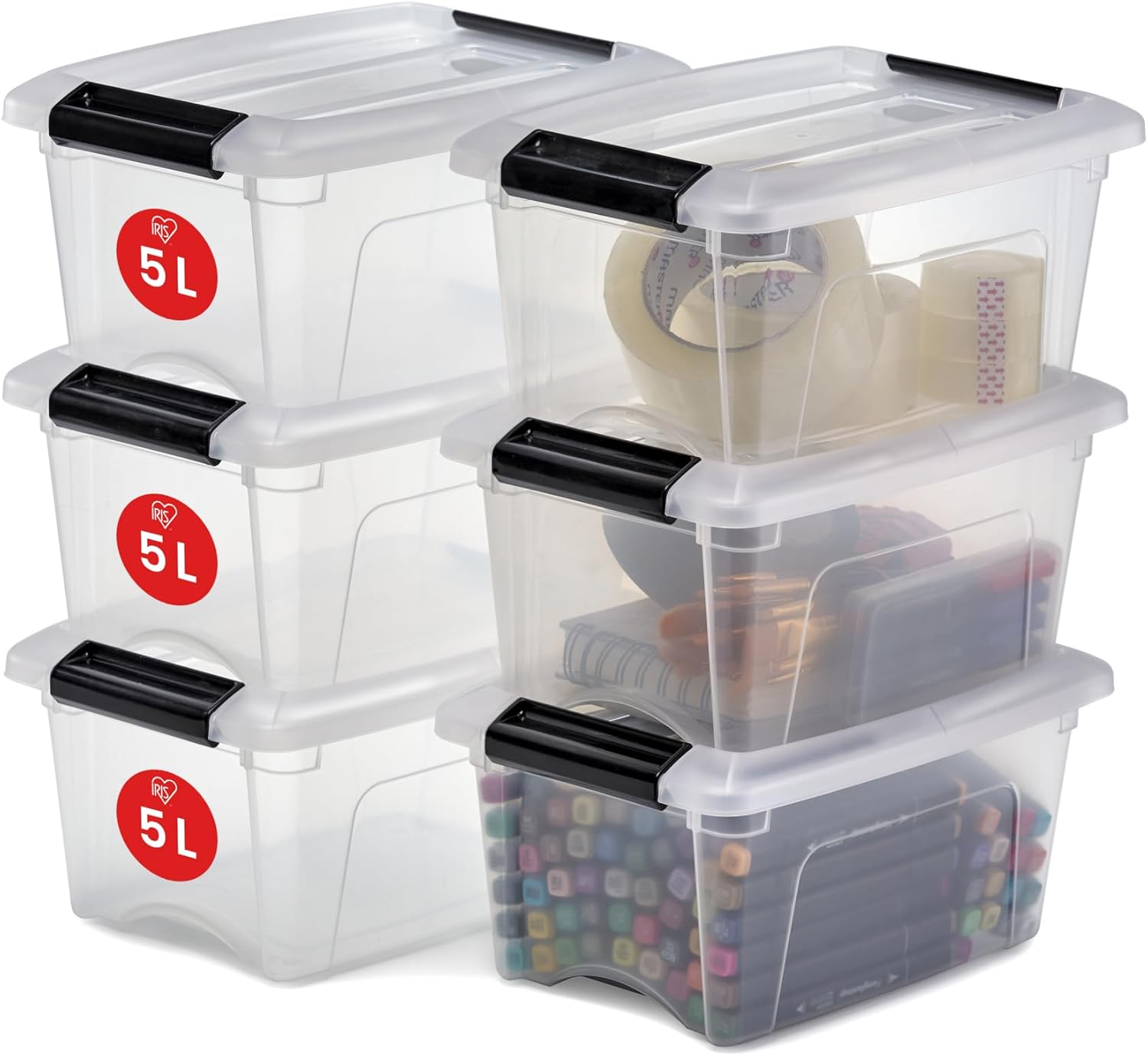Iris Ohyama Storage Boxes with Lids, 5L, Set of 6, Clear, Secure ...