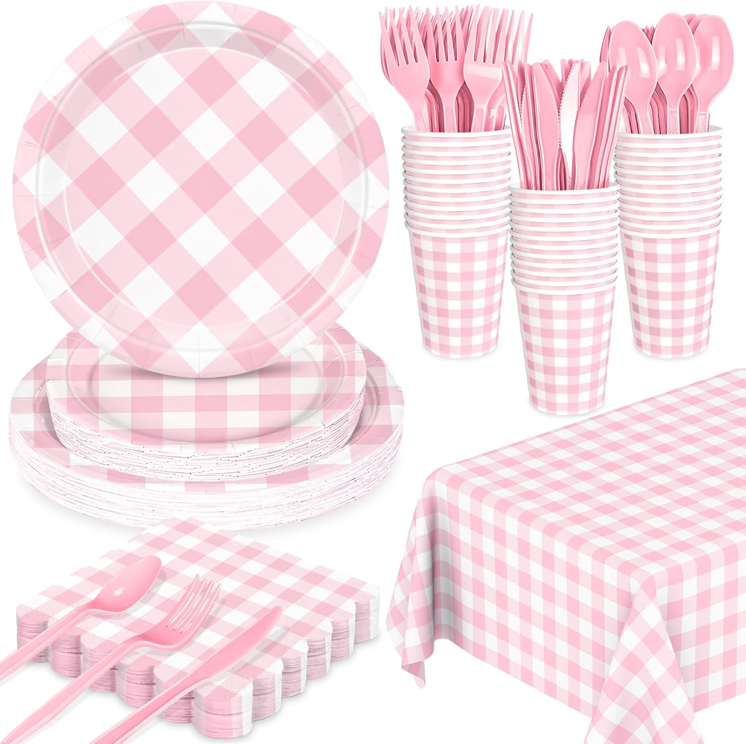 Amazon.com: 176 PCS Light Pink Gingham Round Plates and Napkins, Pink ...
