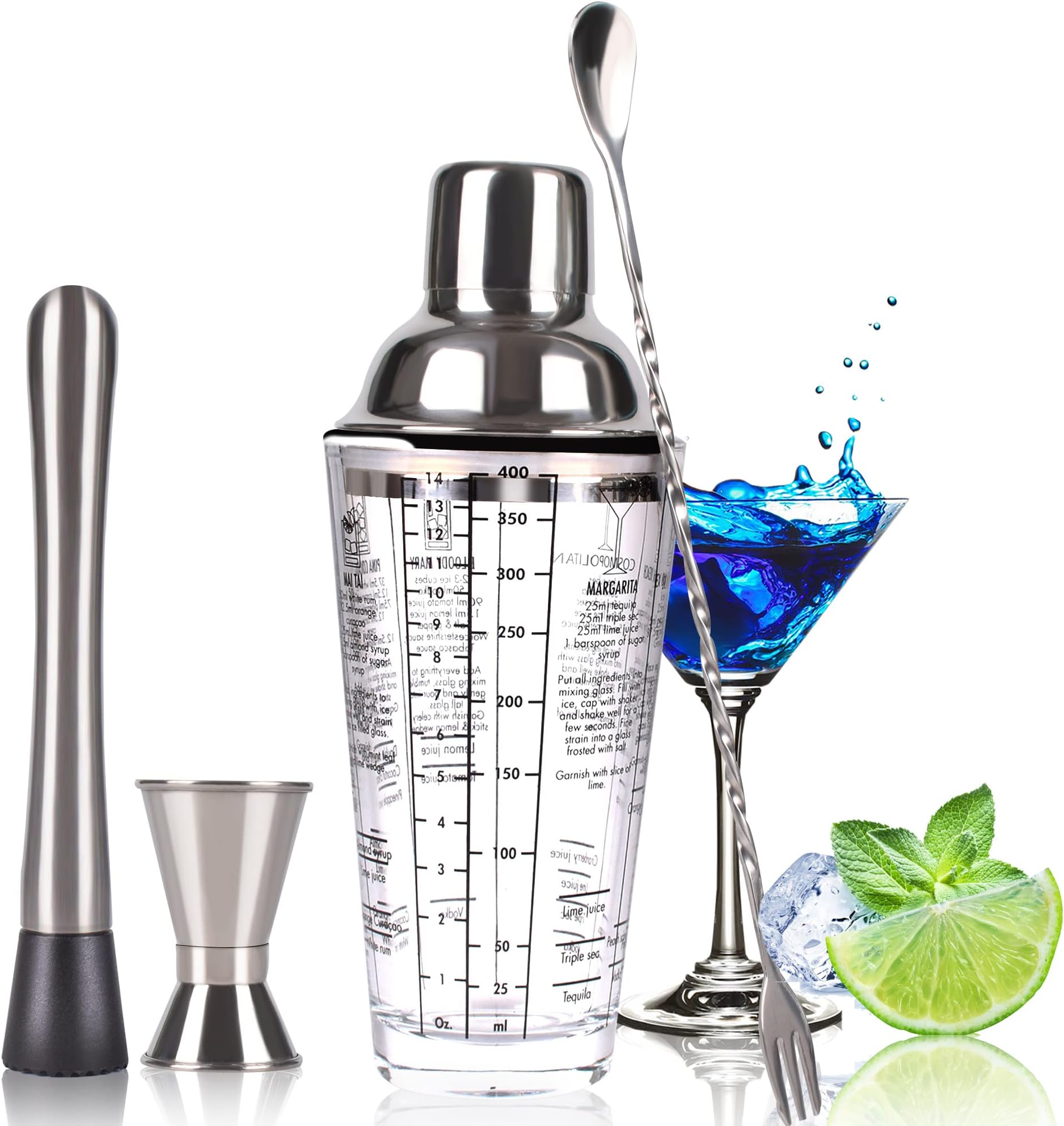 Amazon.com: Glass Cocktail Shaker, 14oz Measured Mixing Glass Shakers ...