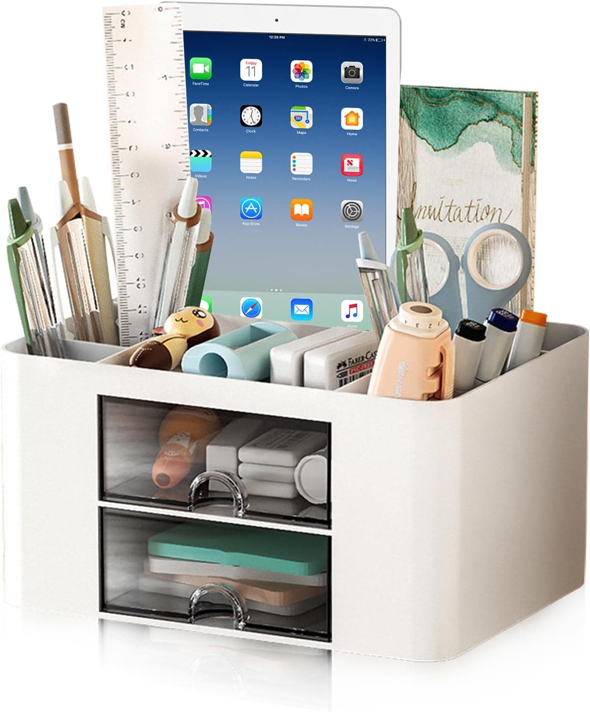 Desk Organiser, Pen Holder Desk with Drawer, Multifunctional Children's ...