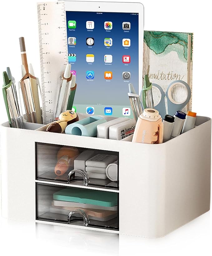 Desk Organiser, Pen Holder Desk with Drawer, Multifunctional Children's ...