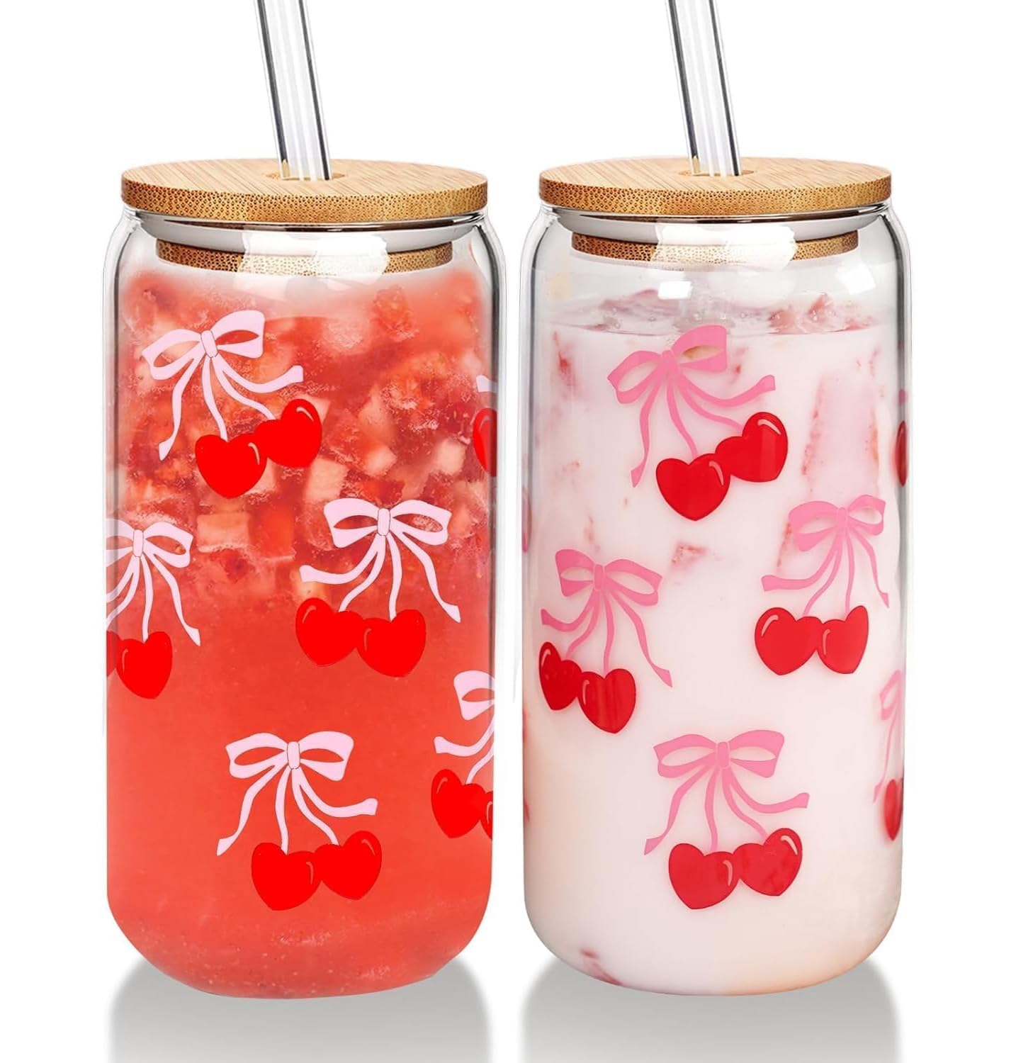Amazon.com: Cherries Bows Glass Cups with Lids and Straws, 18OZ Cherry Decor Iced Coffee Cups ...