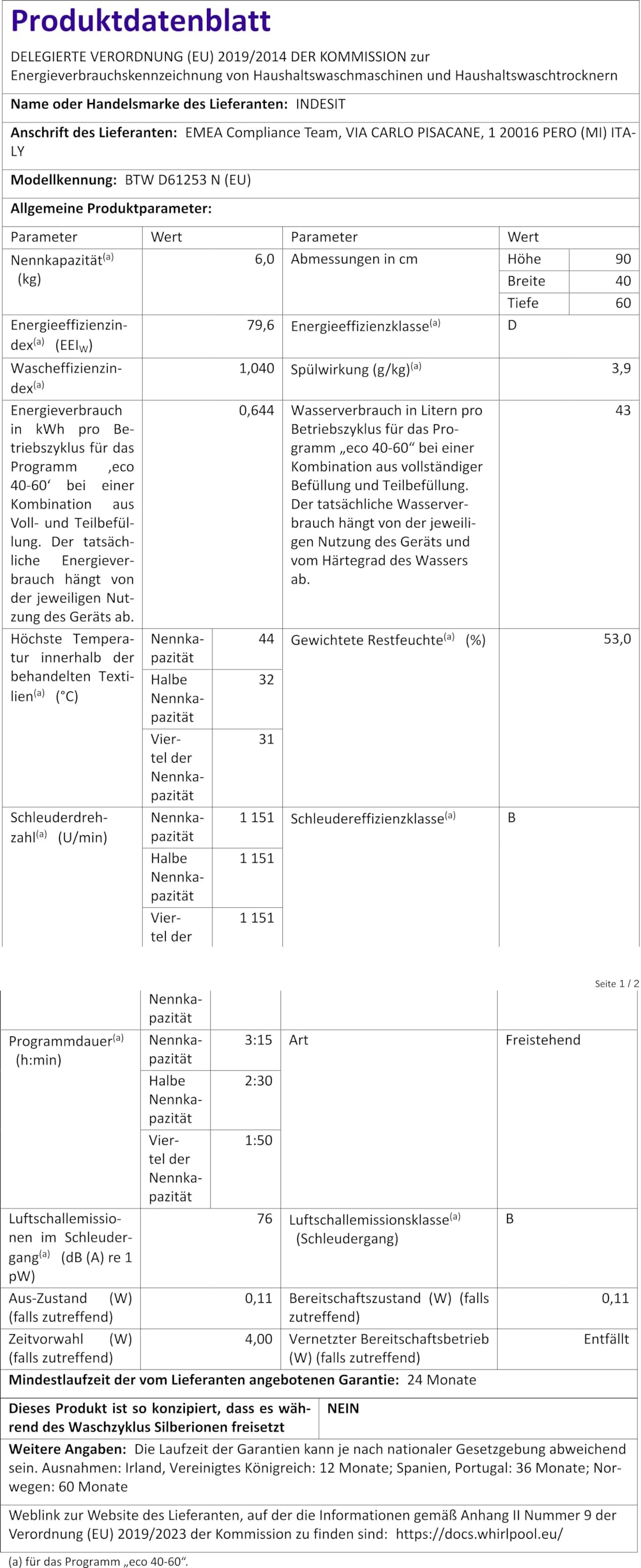 Indesit BTW D61253 N (EU) Toplader Waschmaschine / 6kg / Turn & Wash ...