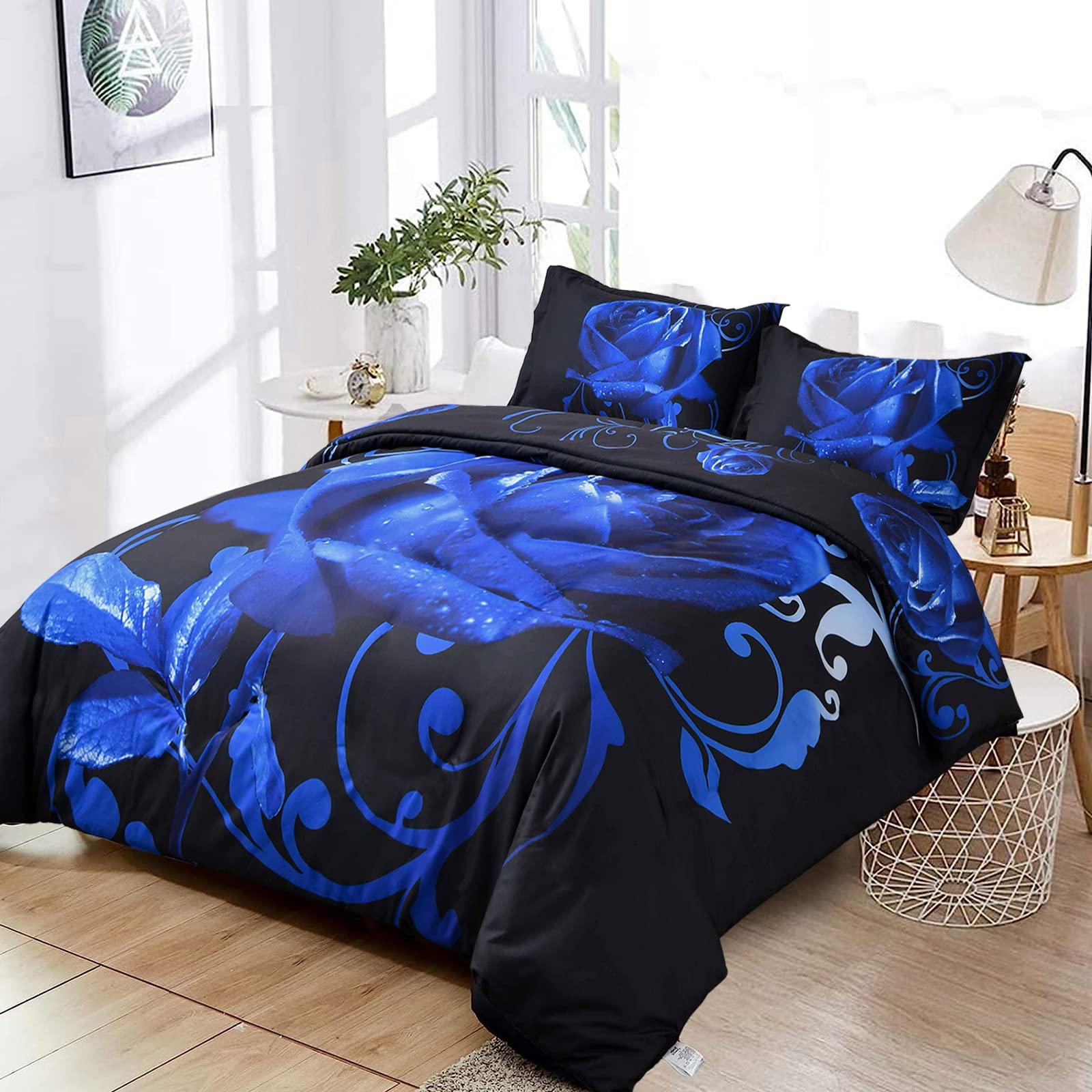 WONGS BEDDING Rose Duvet Cover Queen Size, Reversible Mather's Day Blue ...