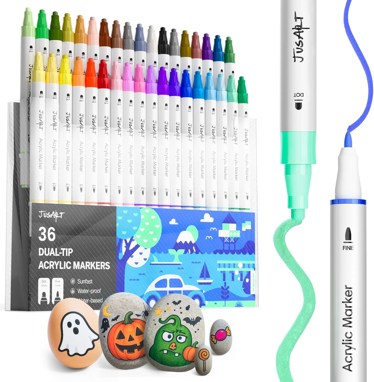 Amazon.com: JusArt 36 Colors Dual Tip Acrylic Paint Markers with Dot ...