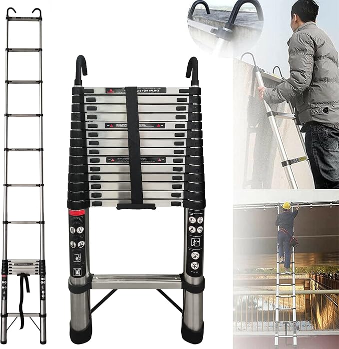Royalswill, 5m Telescopic Ladder 16.4ft Extension with Detachable Hooks ...