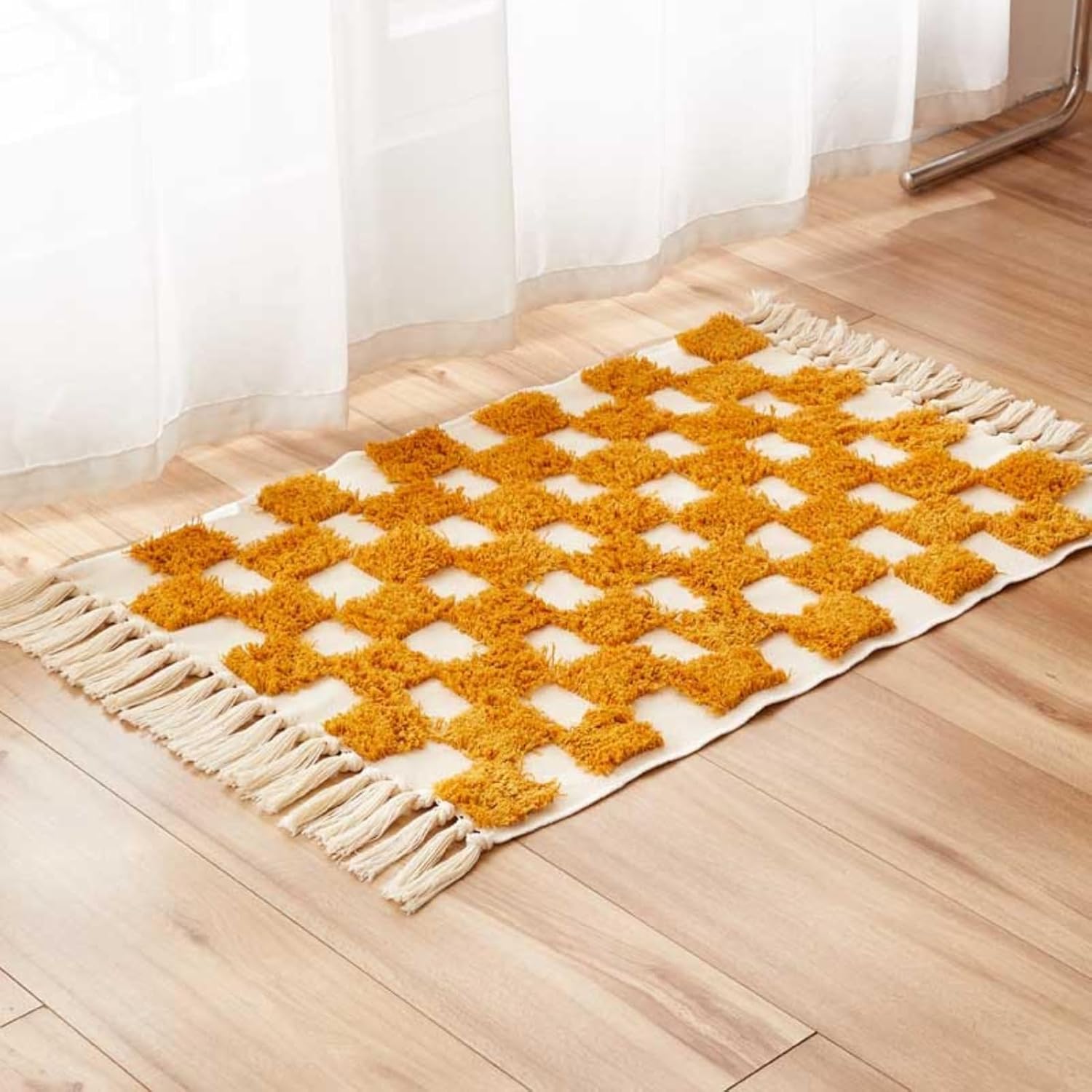 The Seeker Boho Checkered Tufted Rug, Small Mustard Checkerboard ...