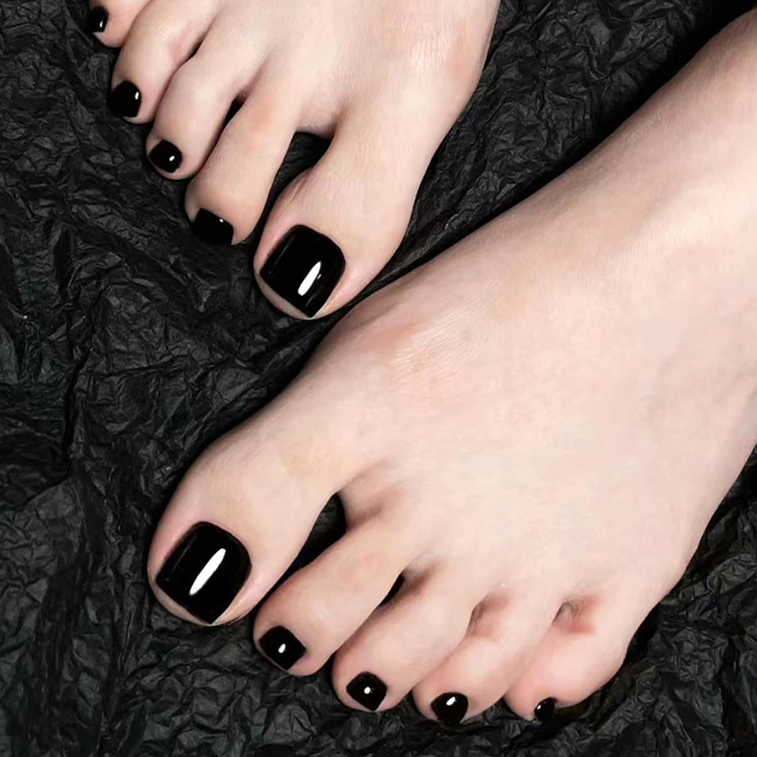 Black Solid Color Toes Press on Nails Short Square Fake Toenails Glossy ...