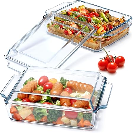 (Set of 2) 1.5L+2L Rectangular Glass Casserole Dish With Glass Lid ...
