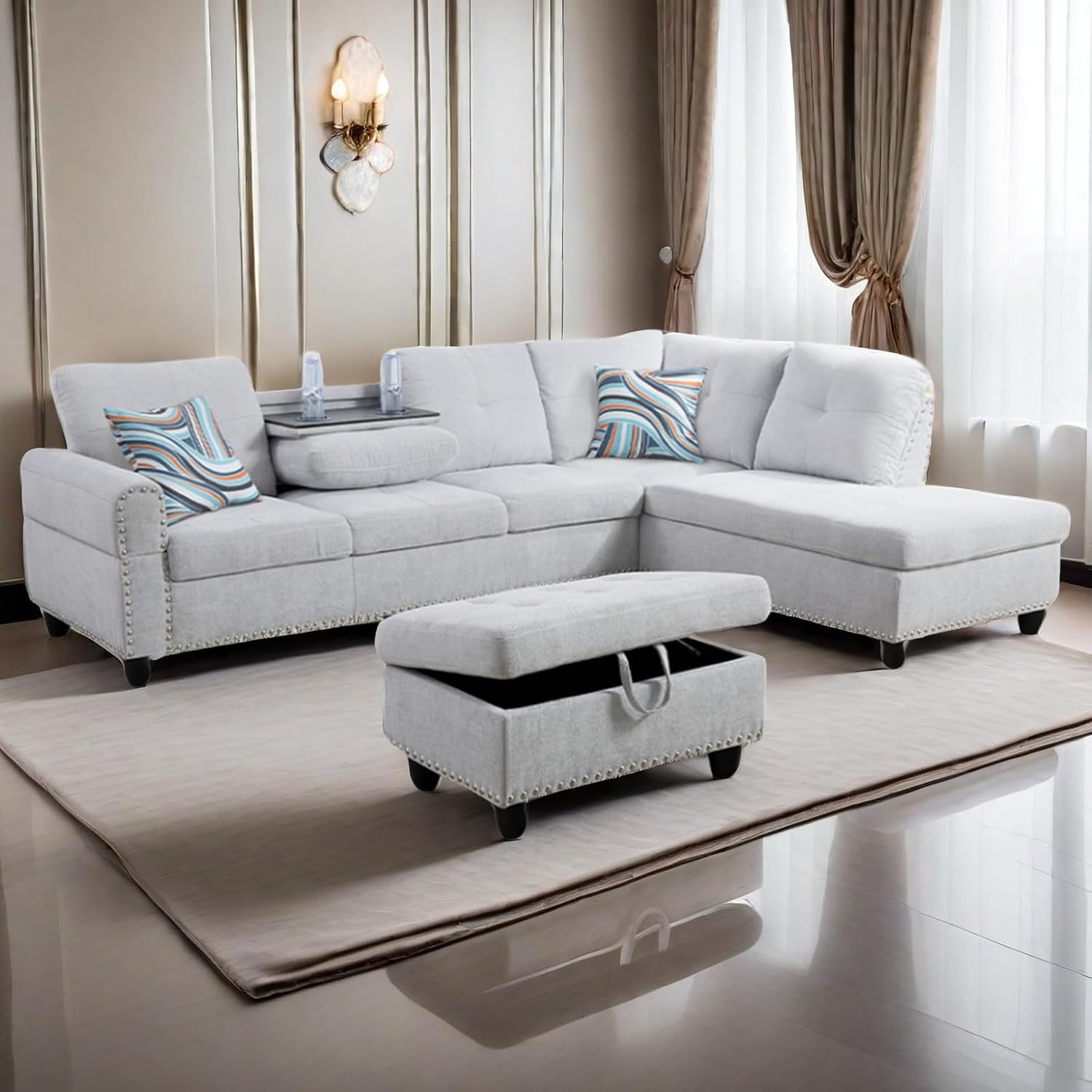 Amazon.com: Glasflength L Shaped Sectional Couch with Storage Ottoman ...