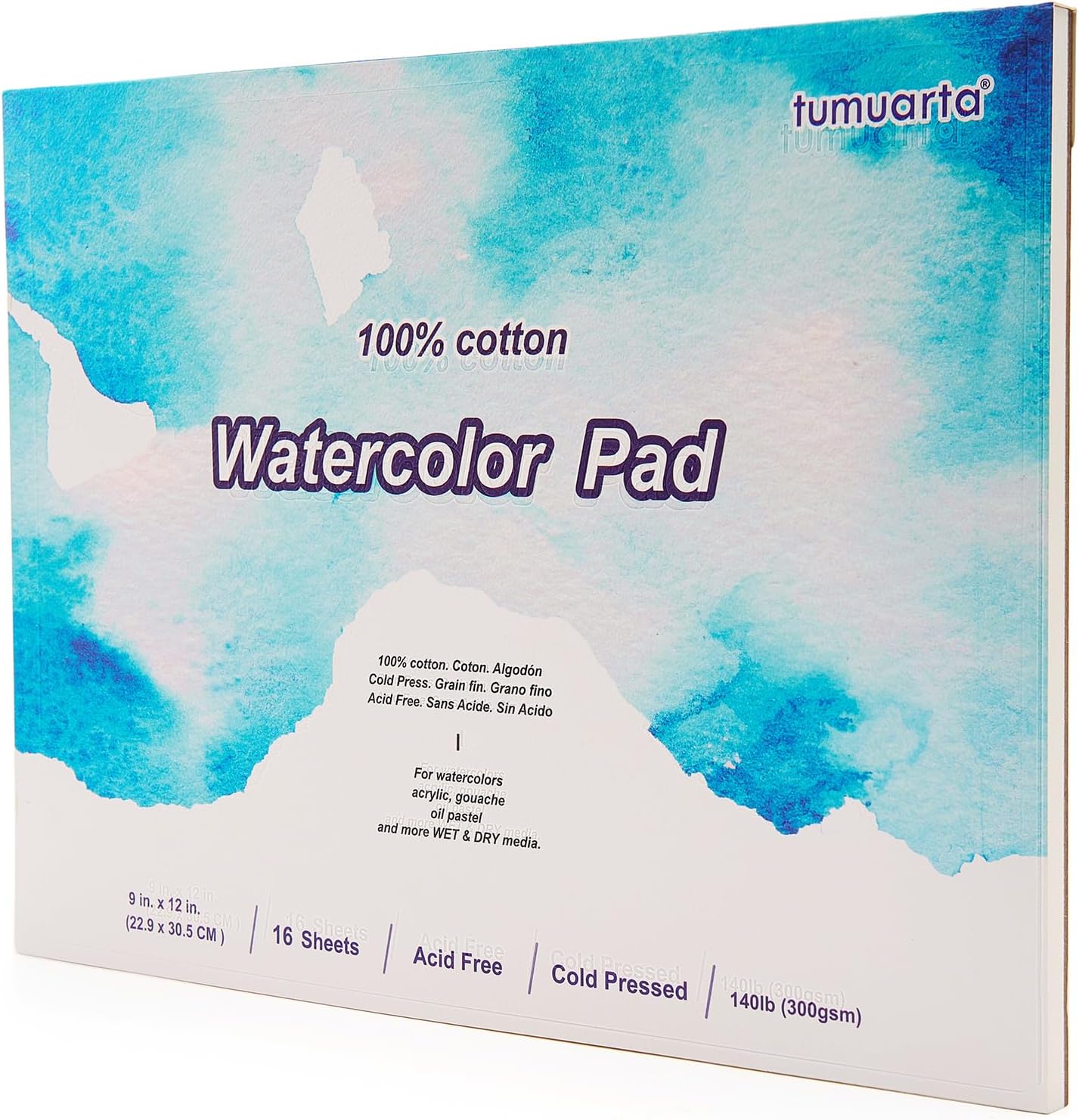Amazon.com: tumuarta Watercolor Pad, 9x12", 100% Cotton, 140 LB, 300 ...