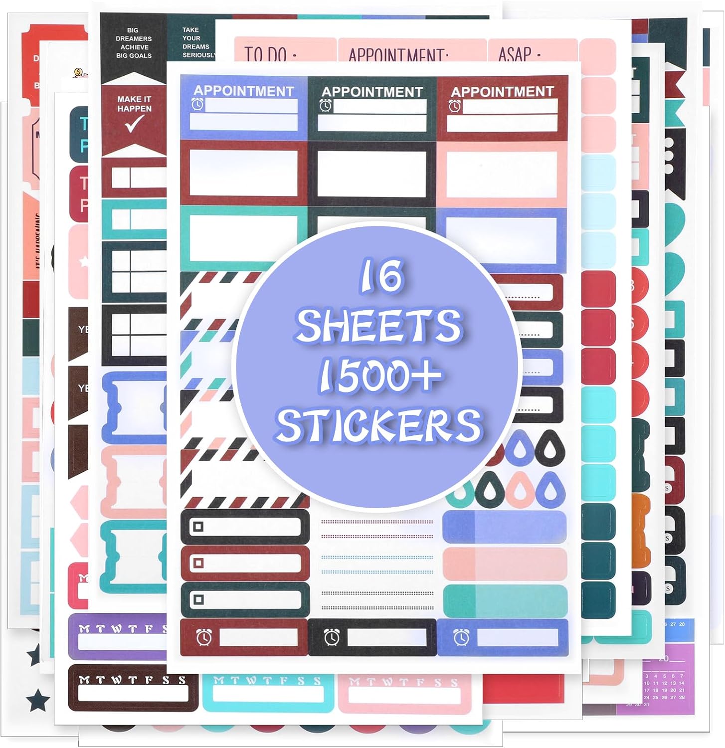 16 Sheet 1500+ Planner Stickers, Colorful Calendar Stickers to Remind ...