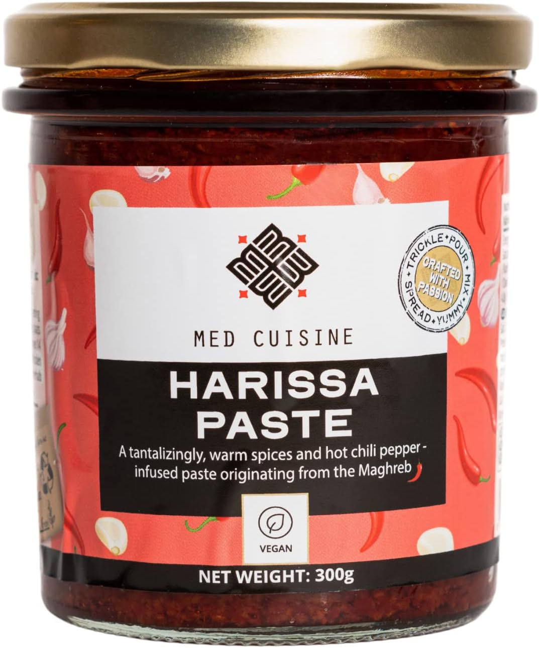 Med Cuisine Harissa Paste - 300gr - Hot chilli pepper condiment - Complex and robust flavour ...