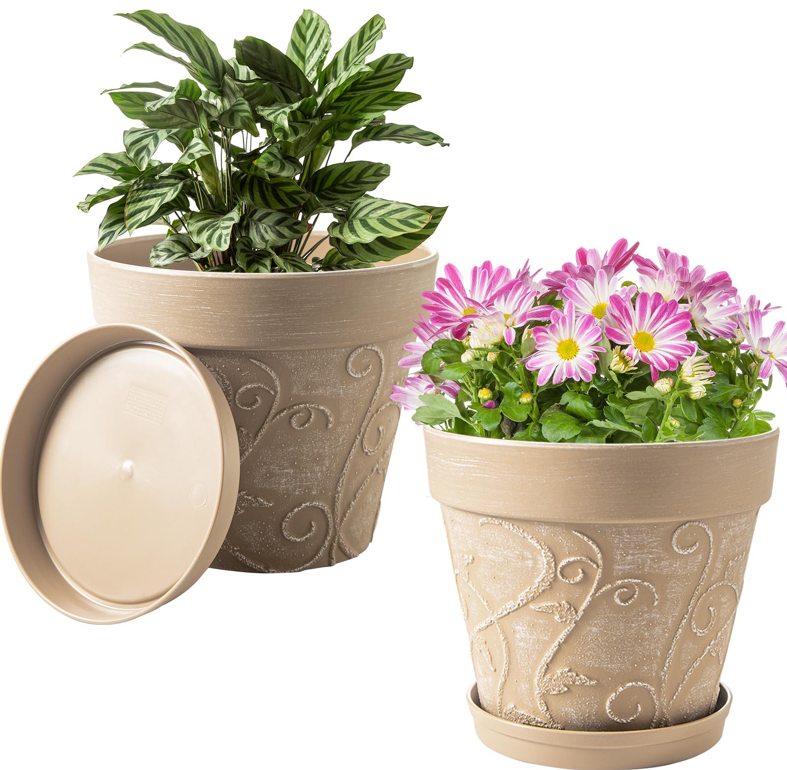 Amazon.com: Plant Pots Indoor with Drainage & Saucer, 2Pack 10 inch ...