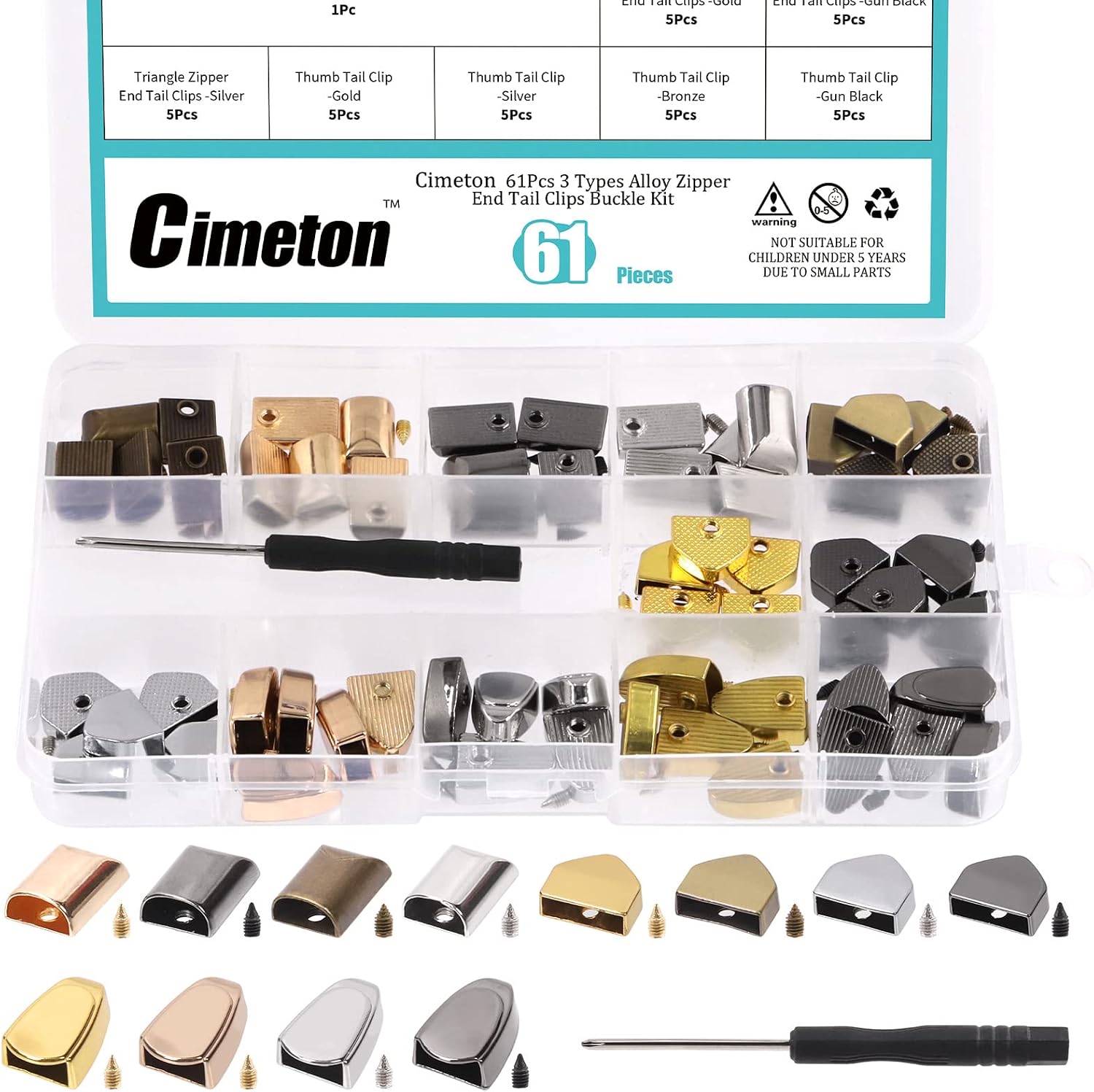 Amazon.com: Cimeton 61Pcs 3 Shapes 4 Colors Alloy Zipper End Tail Clips ...