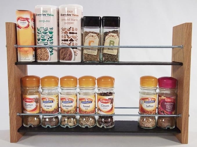 Oak Slate Design Spice/Herb Rack 2 Tier, 16 Jar - Deep Shelves for ...