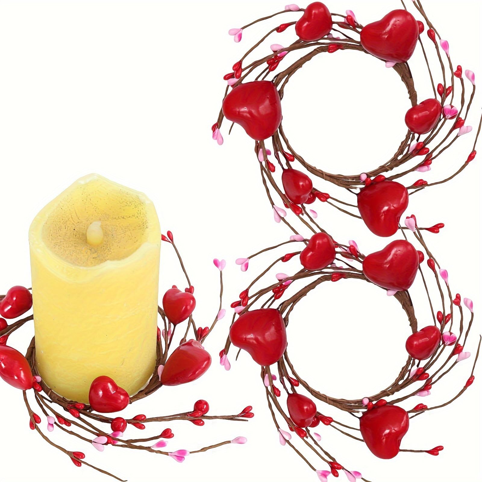 Amazon.com: 2 Pcs Red Heart Candle Rings Wreaths and Pink Berry Candle ...