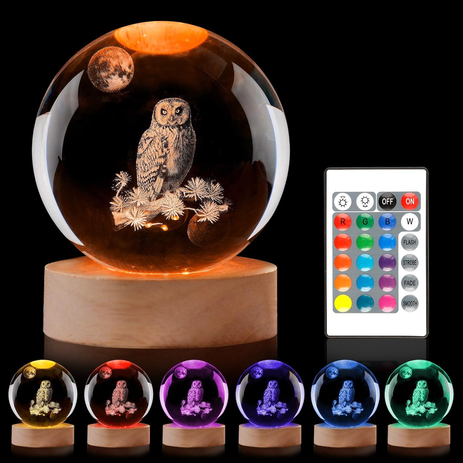 3D Owl Crystal Ball Night Light- Crystal Ball Night Light with Remote ...