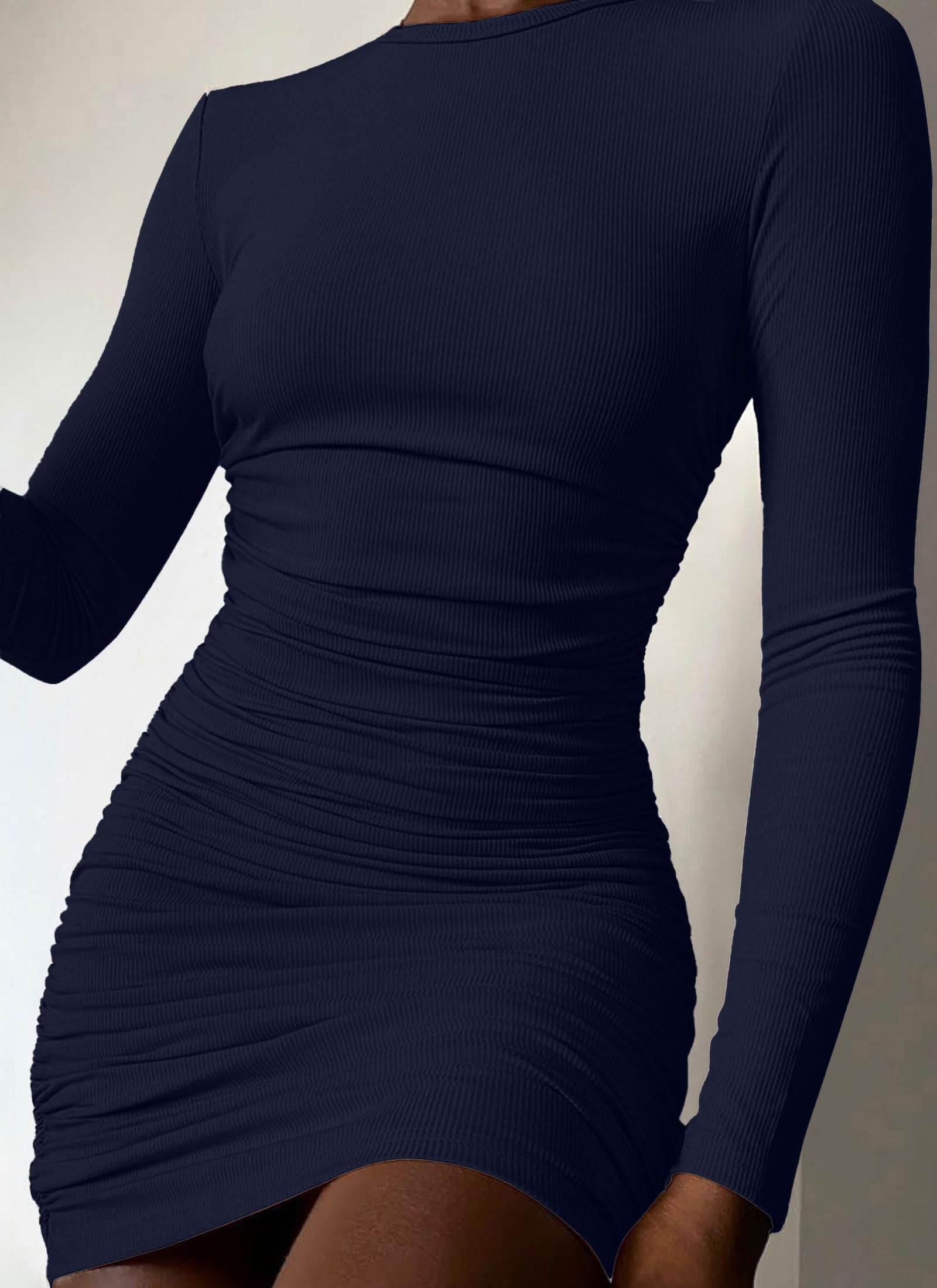 Snapklik.com : Womens Long Sleeve Dress Crew Neck Stretchy Ruched ...