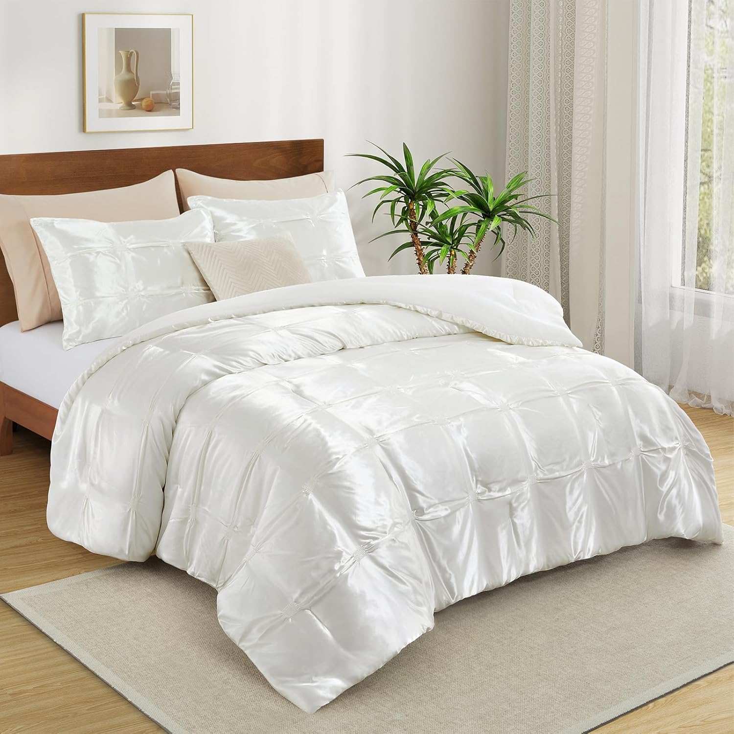 Amazon.com: Lanest Housing King Size Satin Comforter Set Ivory White, 3 ...