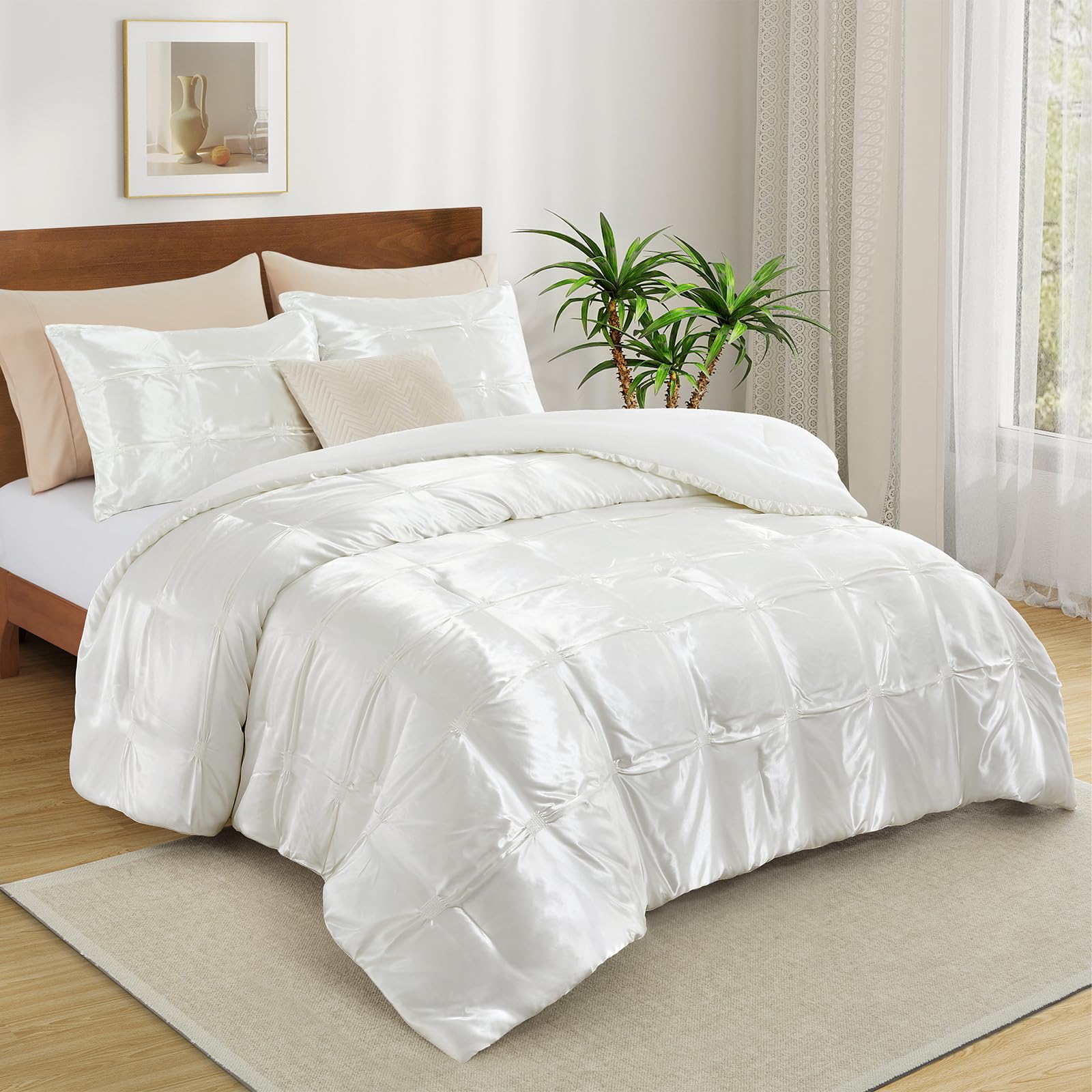 Amazon.com: Lanest Housing Twin Size Satin Comforter Set Ivory White, 2 ...