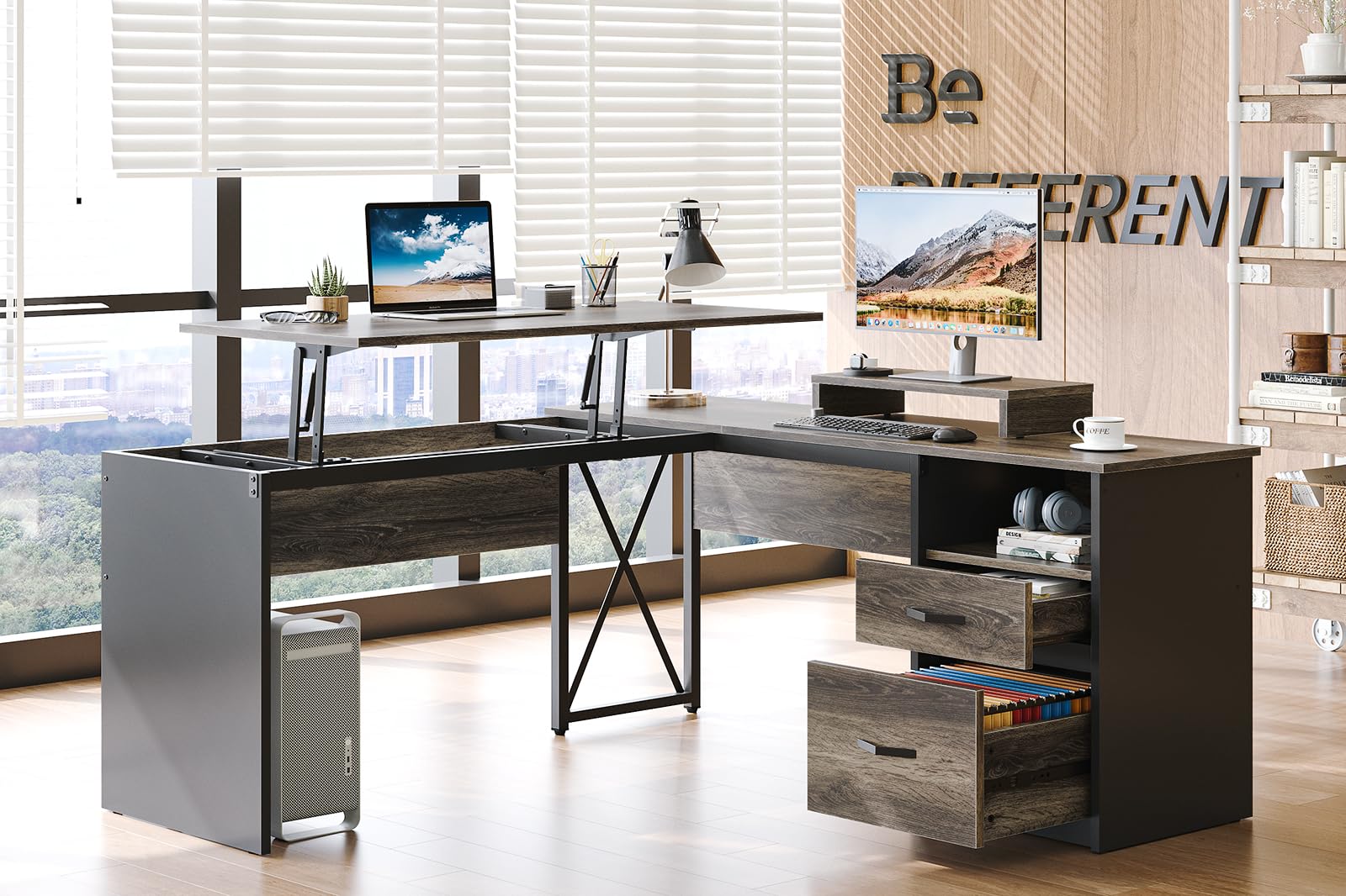 Snapklik.com : Bestier Lift Top L Shaped Desk
