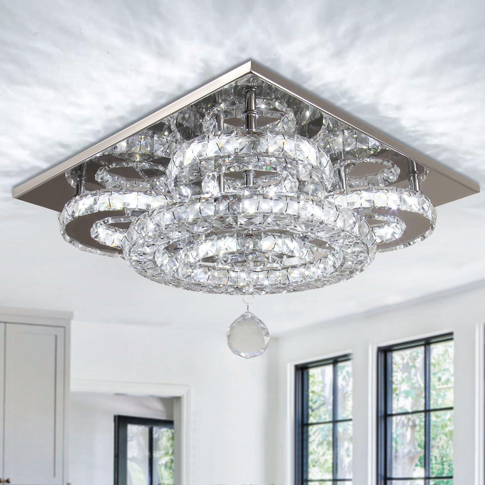Moderen Crystal Chandelier Five Rings LED Crystal Ceiling Light Flush ...