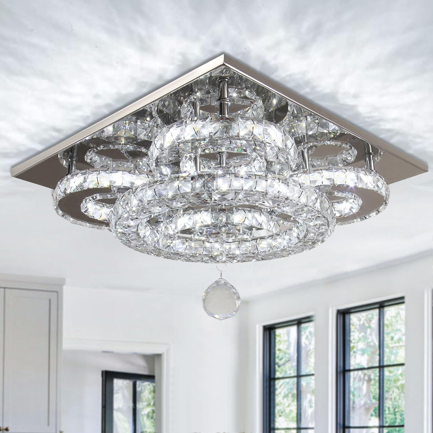 Moderen Crystal Chandelier Five Rings LED Crystal Ceiling Light Flush ...