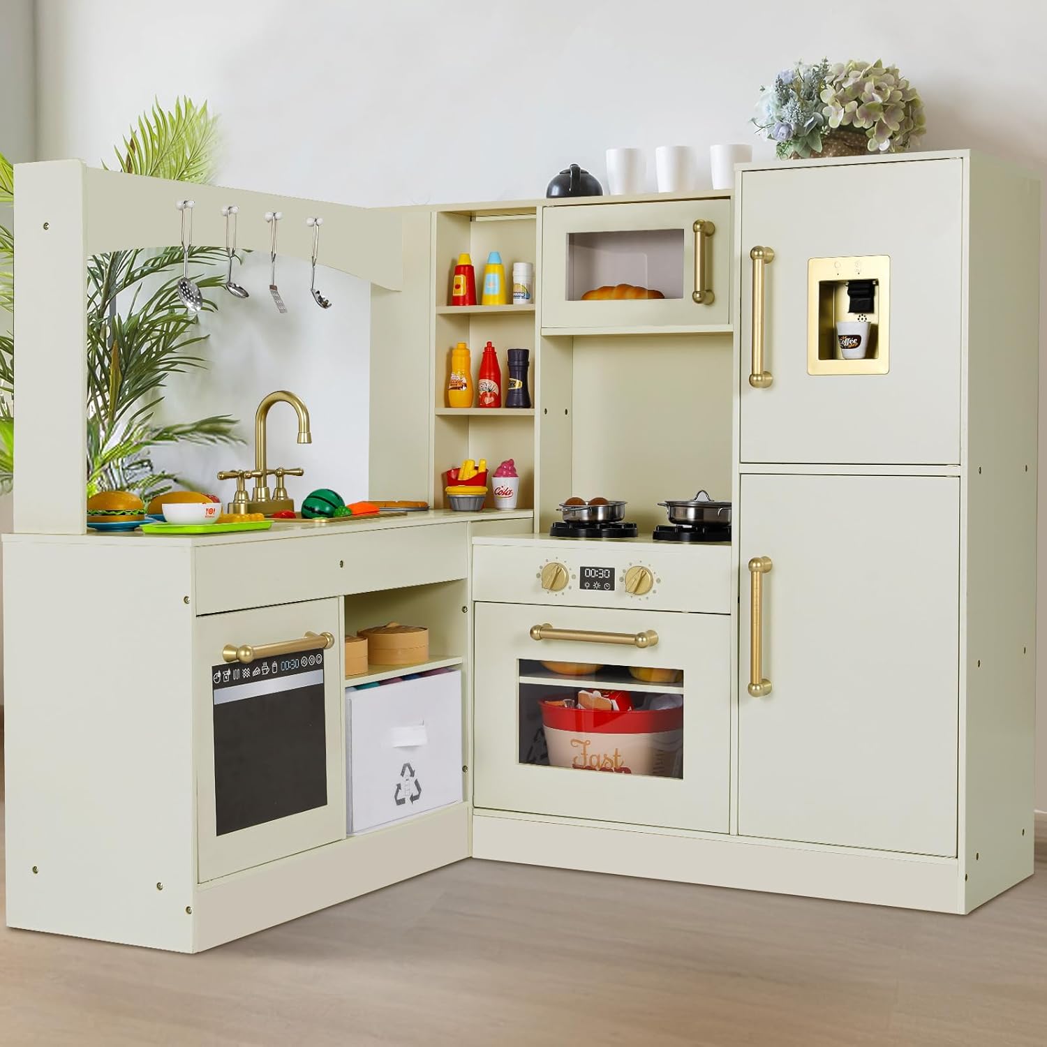 Amazon.com: MAMIZO Corner Play Kitchen for Kids, Wooden Pretend Toy ...