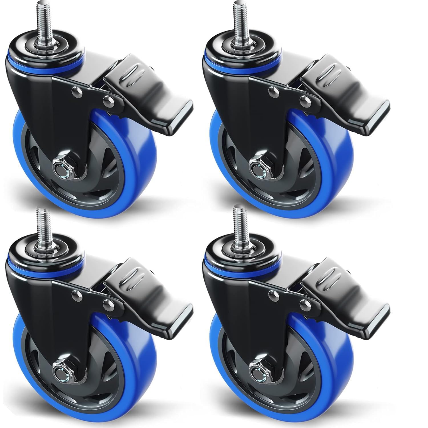 3 inch Stem Caster Wheels with Safety Dual Locking Heavy Duty Threaded ...
