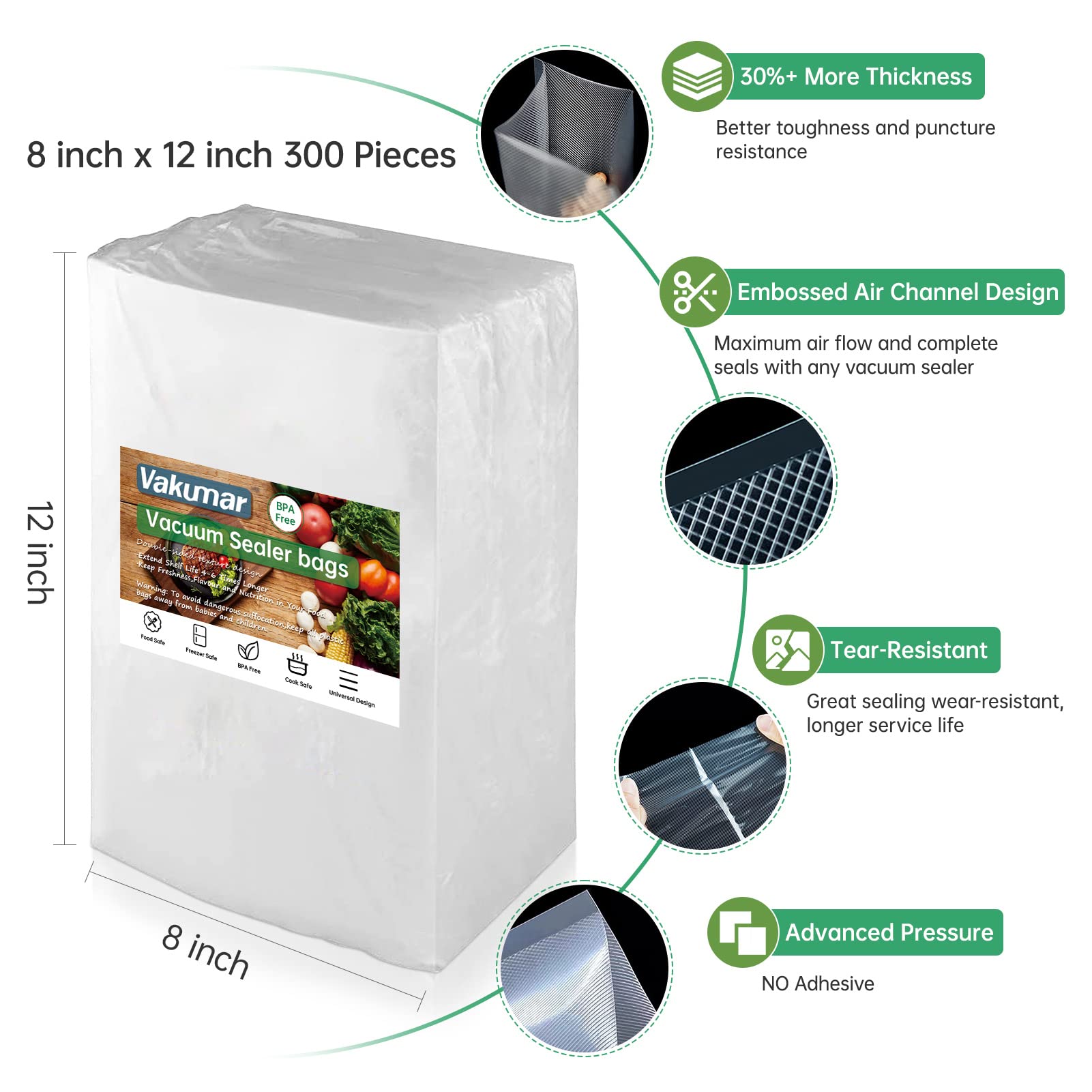 Vakumar Vacuum Sealer Bags 300 Pint 8 x 12 Inch Rolls for Food , Seal a ...