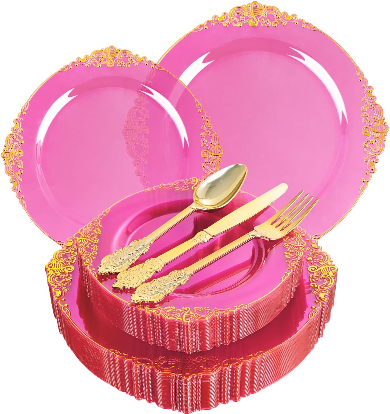Amazon.com: Joyido 125PCS Hot Pink Plastic Plates - Pink Gold ...