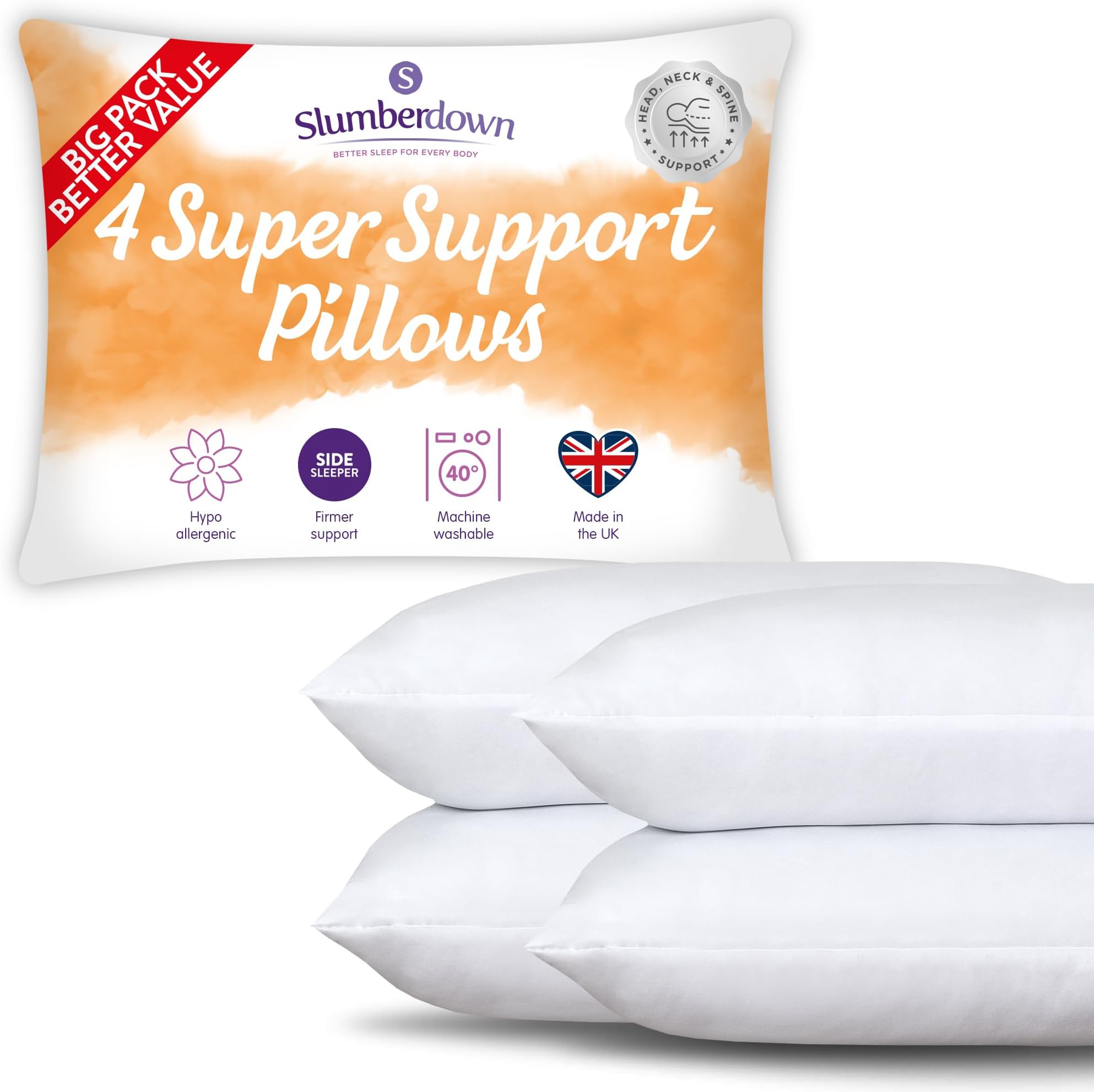 Slumberdown Hotel Quality Pillows 4 Pack - Bouncy Firm Support Side ...