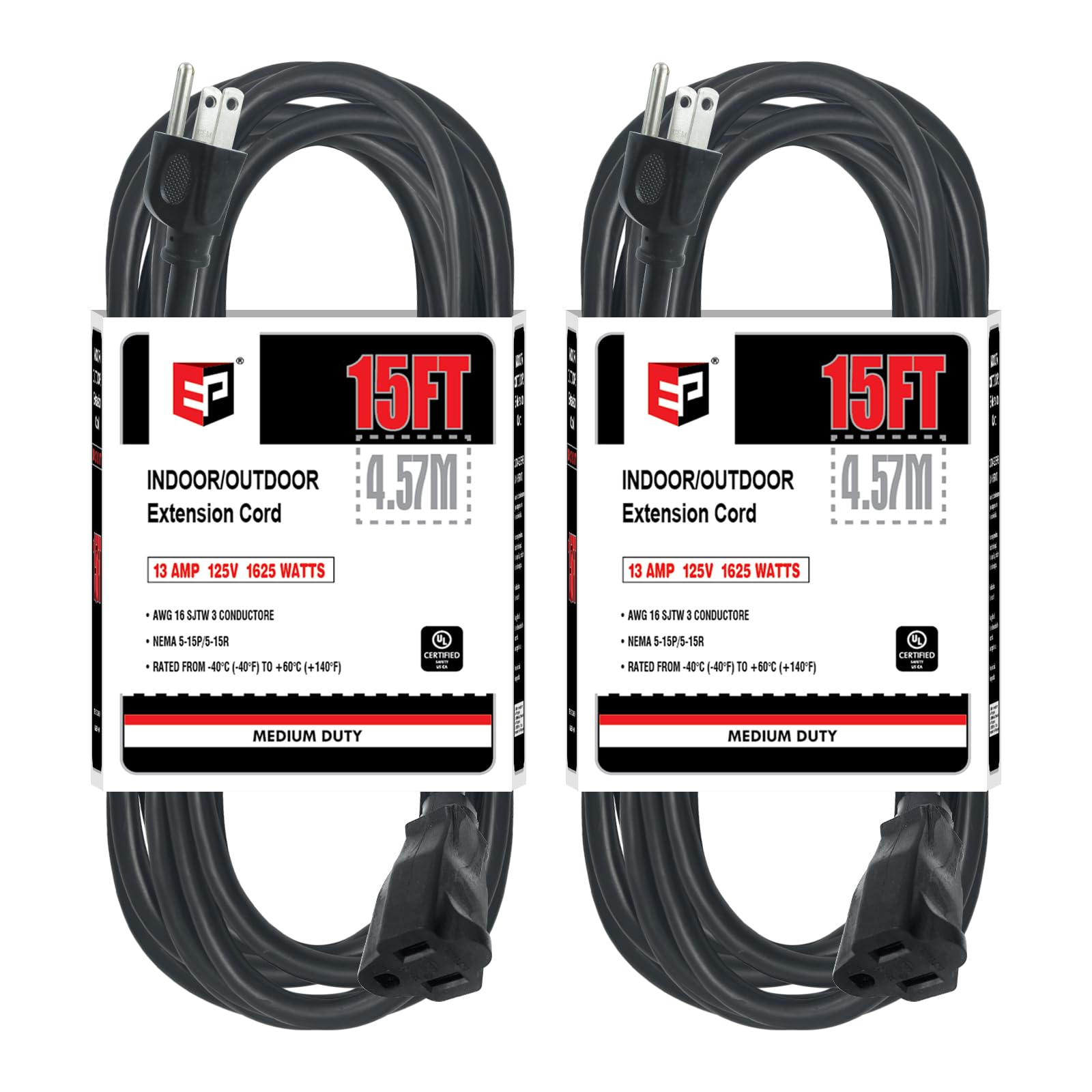 EP 2 Pack 15 Ft Outdoor Extension Cord - 16/3 SJTW Black Electrical ...