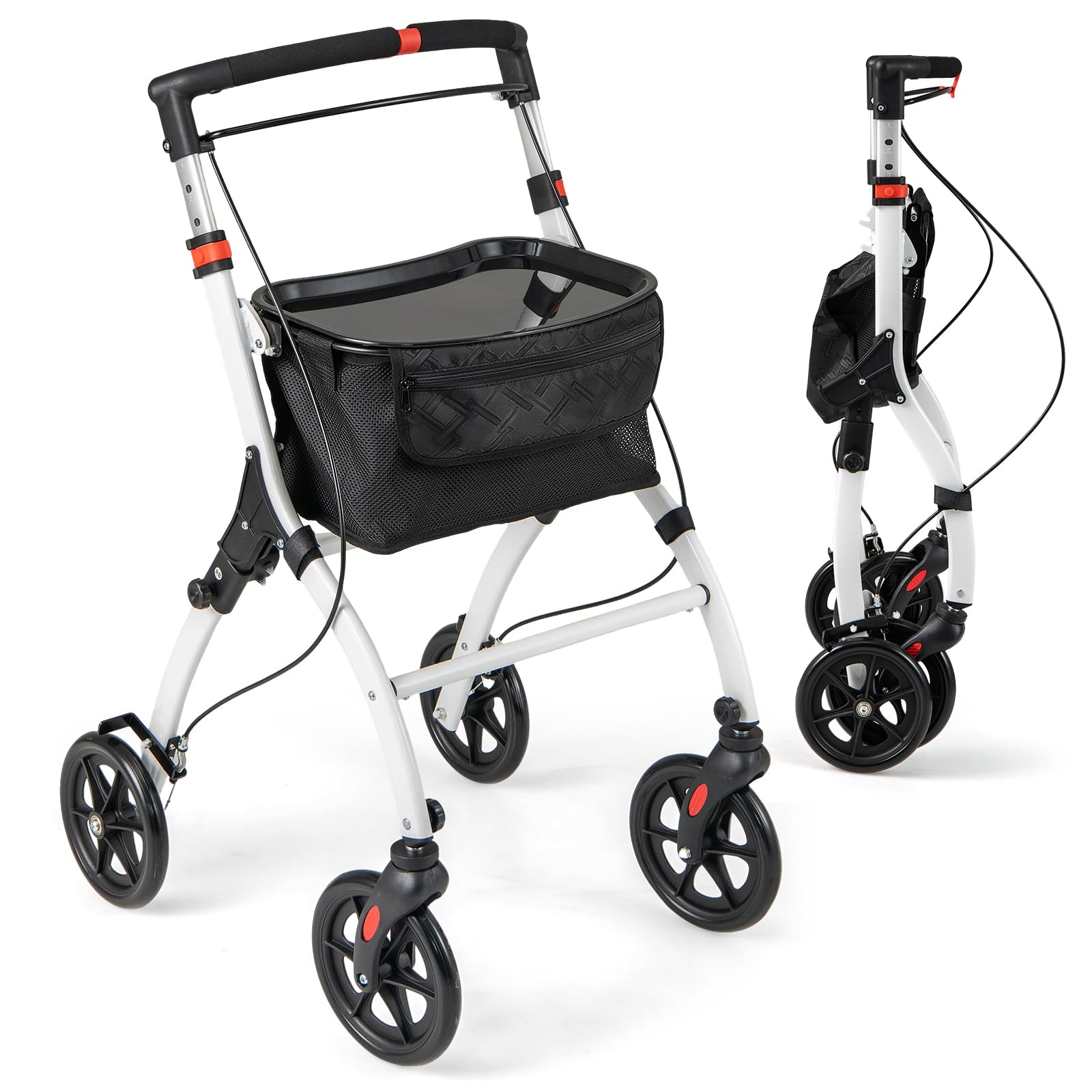 COSTWAY Folding Rollator, Wheeled Mobility Walker with Storage Basket ...